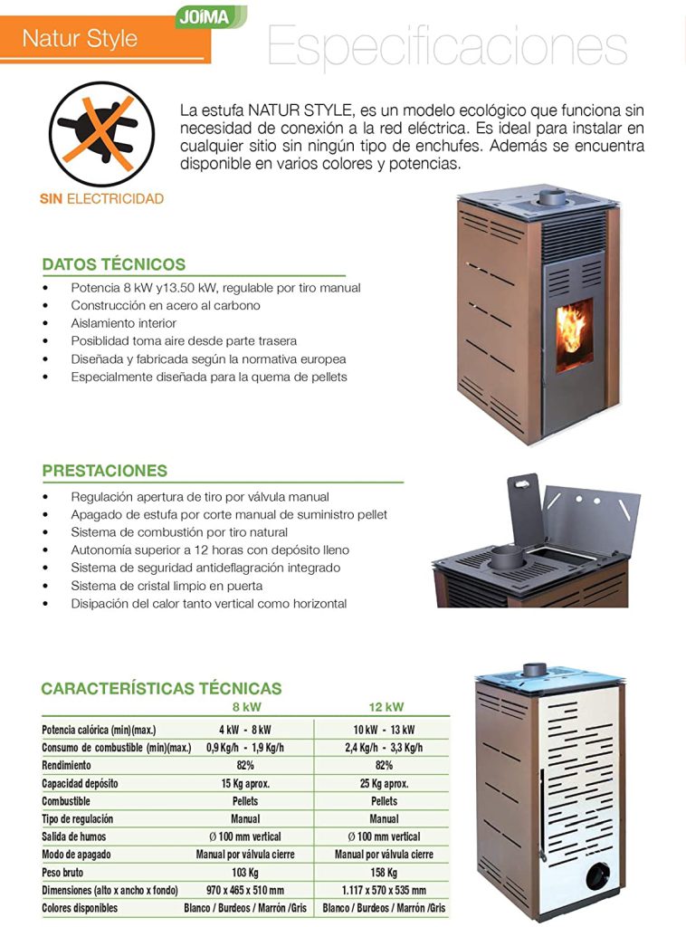 Estufa de Pellet sin electricidad JOIMA modelo Natur Style 8 kW
